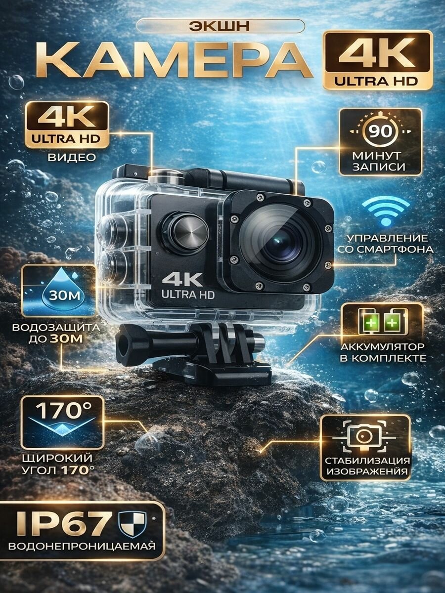 Экшн-камера 4K Ultra HD, Wi-Fi, 60fps, водонепроницаемая 30м, стабилизация, 170 , крепления, спортивная камера