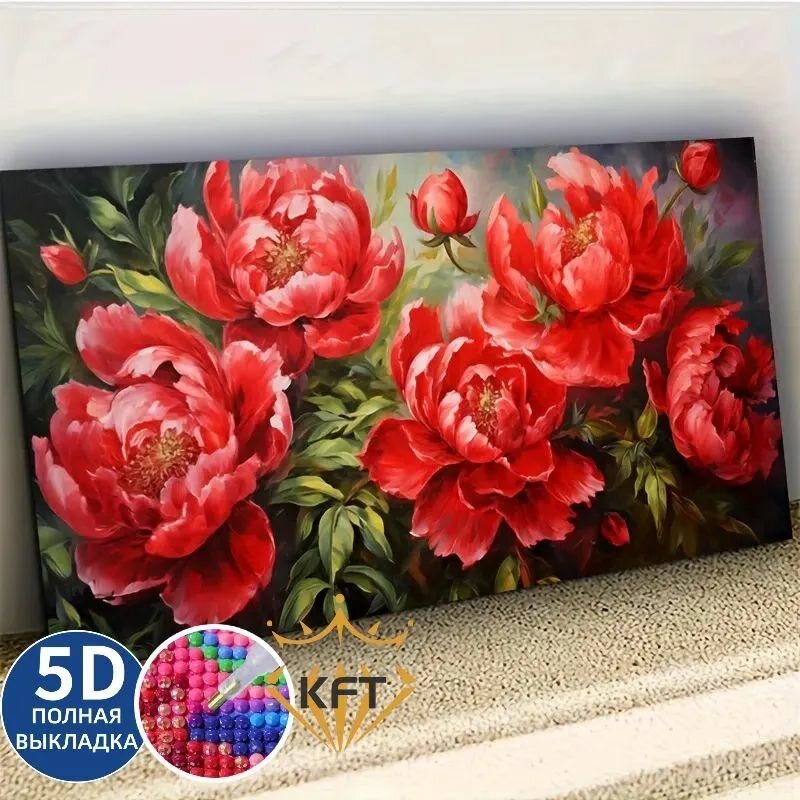 Алмазная мозаика "Пион", 70x40 см, без подрамника и рамы, стразы круглые, 13 цветов