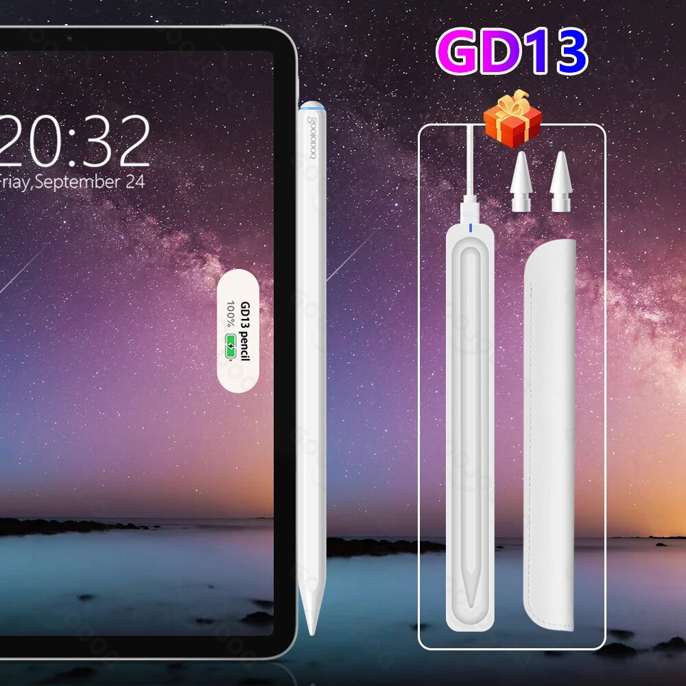 Стилус GD13 для iPad с чехлом, зарядкой и 2 наконечниками