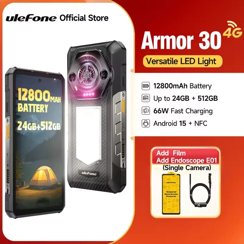 Смартфон Ulefone Armor 30, защищенный, 12800 мАч, 24 ГБ+512 ГБ, 6.95" FHD, US Plug, Add Film C01