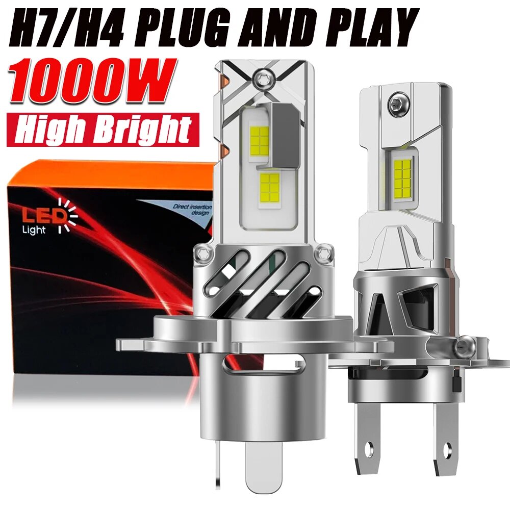 Светодиодные Лампы Для Фар H7 H4 9003 HB2 1000W, Совместимые С CANBUS, 6000K, Сверхъяркие, Турбо, H7