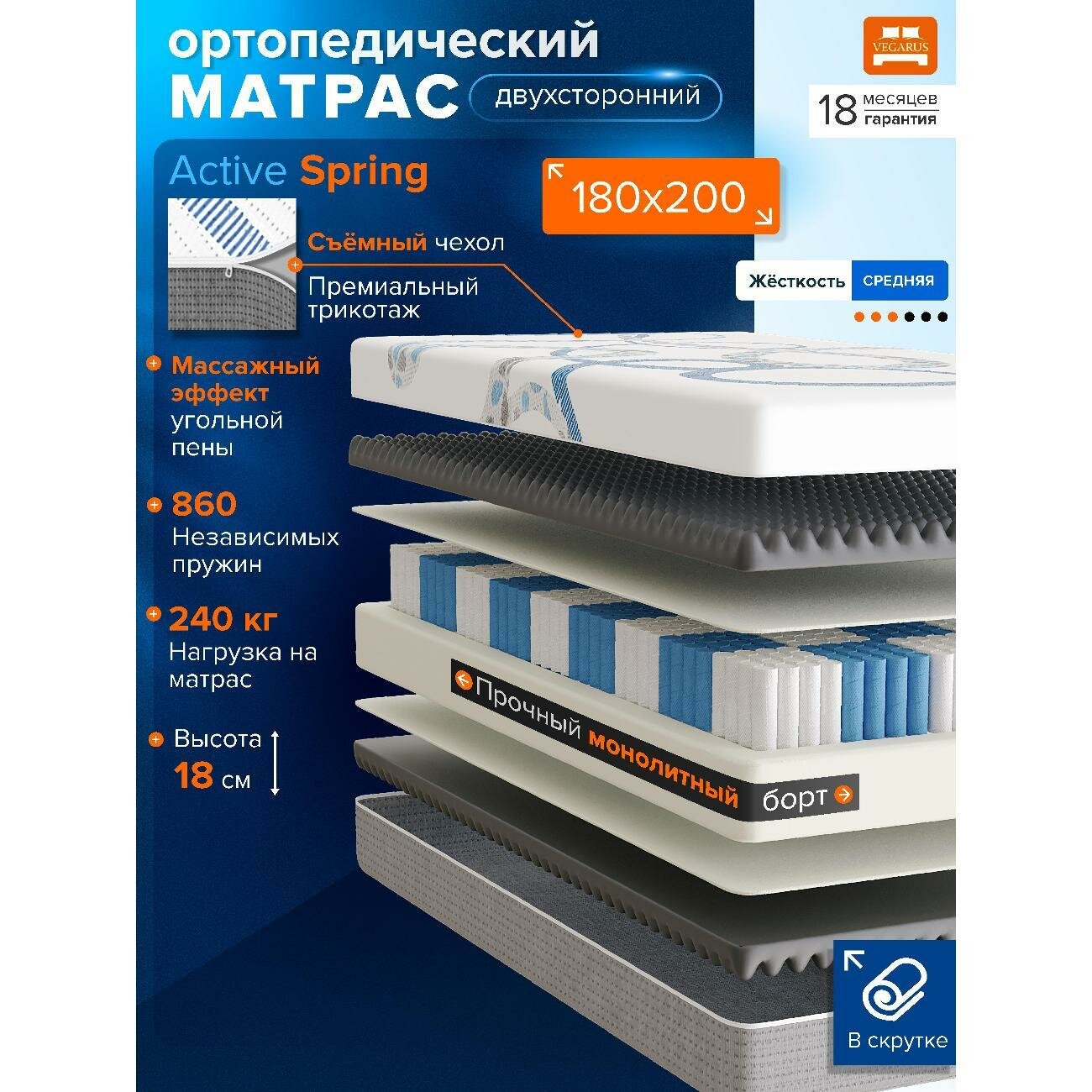 Матрас VEGARUS Матрас Active spring 180х200 на кровать пружинный ортопедический