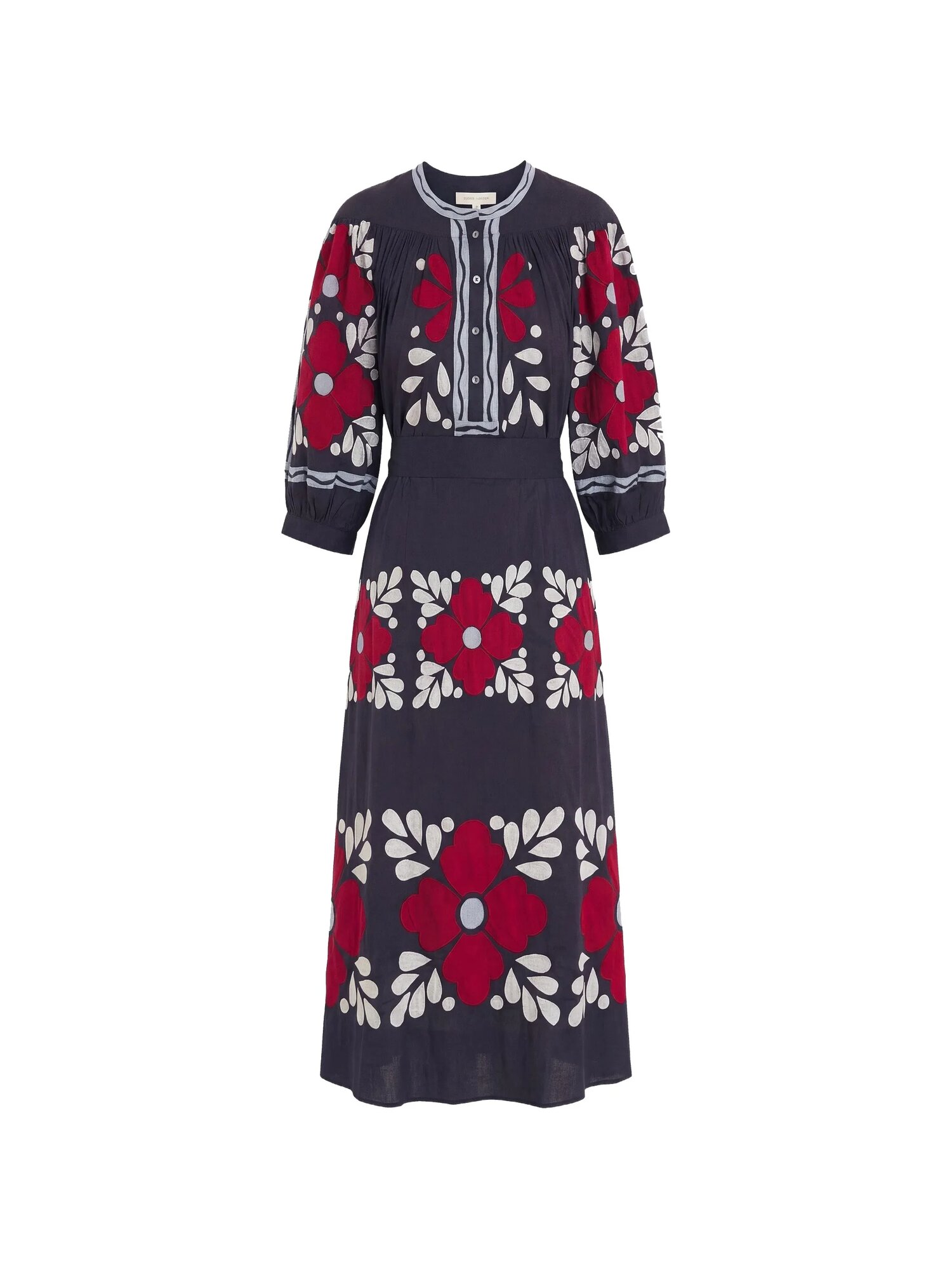 Платье Floral-embroidered puff-sleeve midi dress