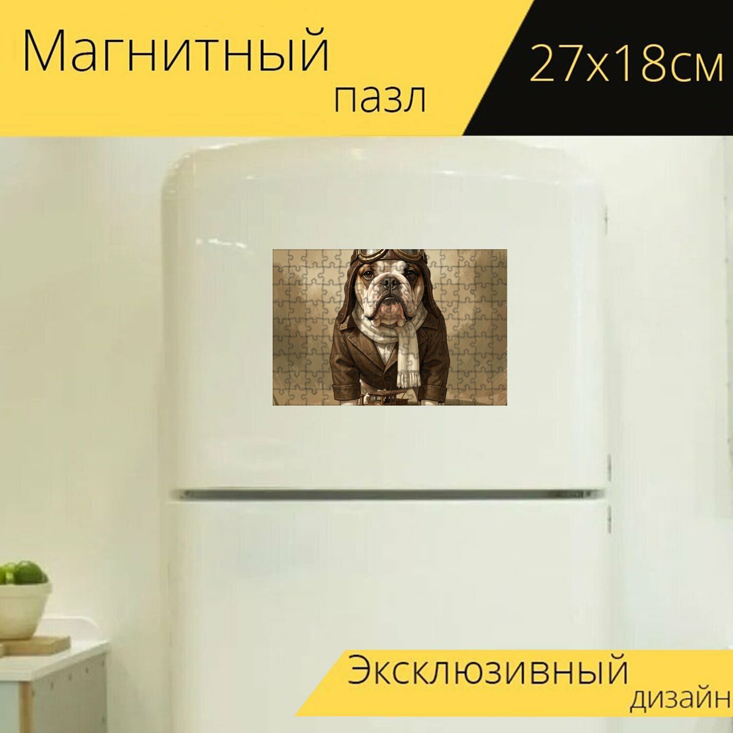 Магнитный пазл "Собака-авиатор в ретро стиле. Английский бульдог в кожаной куртке, очках и шарфе рядом с миниатюрным старинным авто. Бежево-коричневая." на холодильник 27 x 18 см.