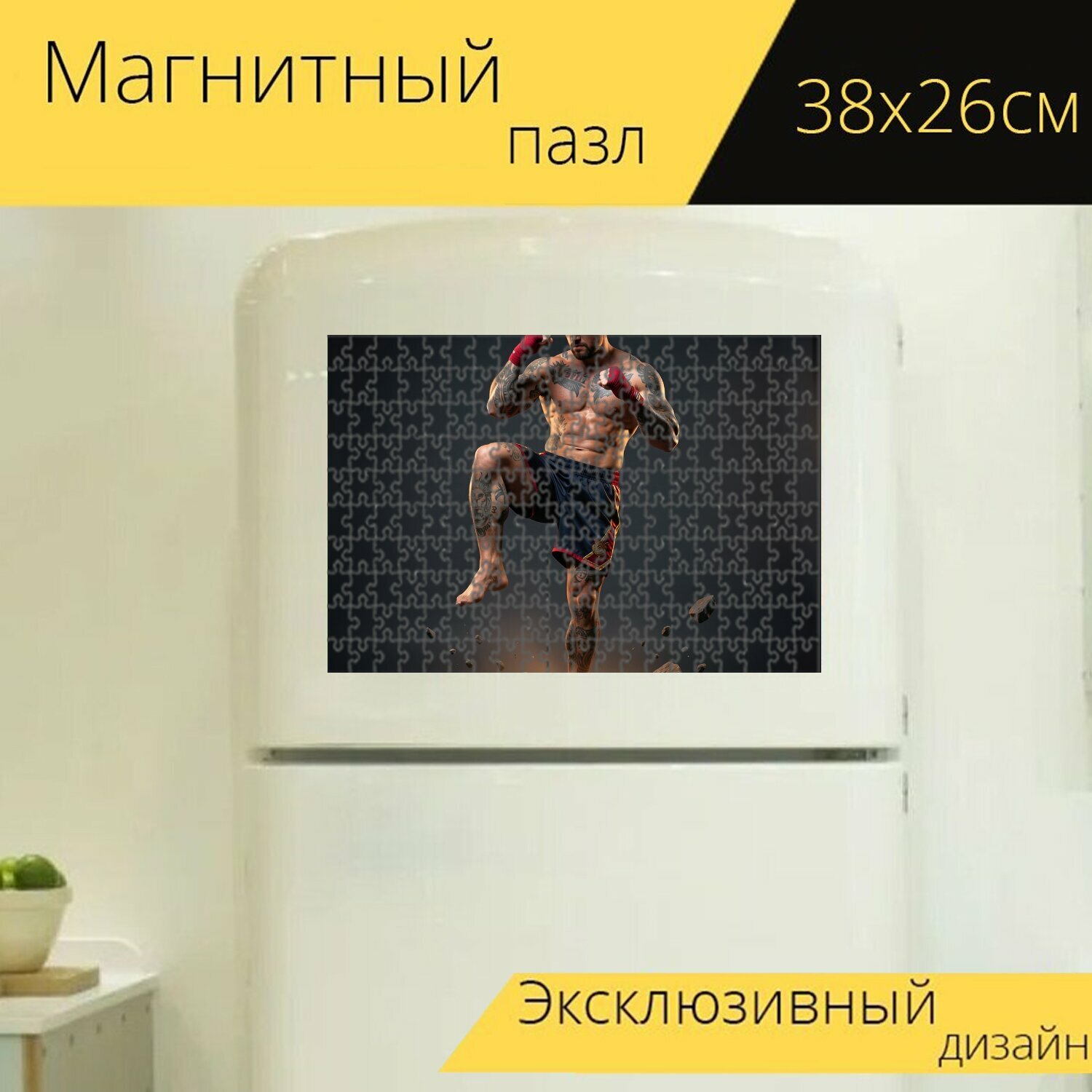 Магнитный пазл "Татуированный боец в стойке. Мускулистый мужчина с рисунками на теле, в кепке и красных бинтах, в динамичном прыжке среди летящих камней." для интерьера, 38х26 см.