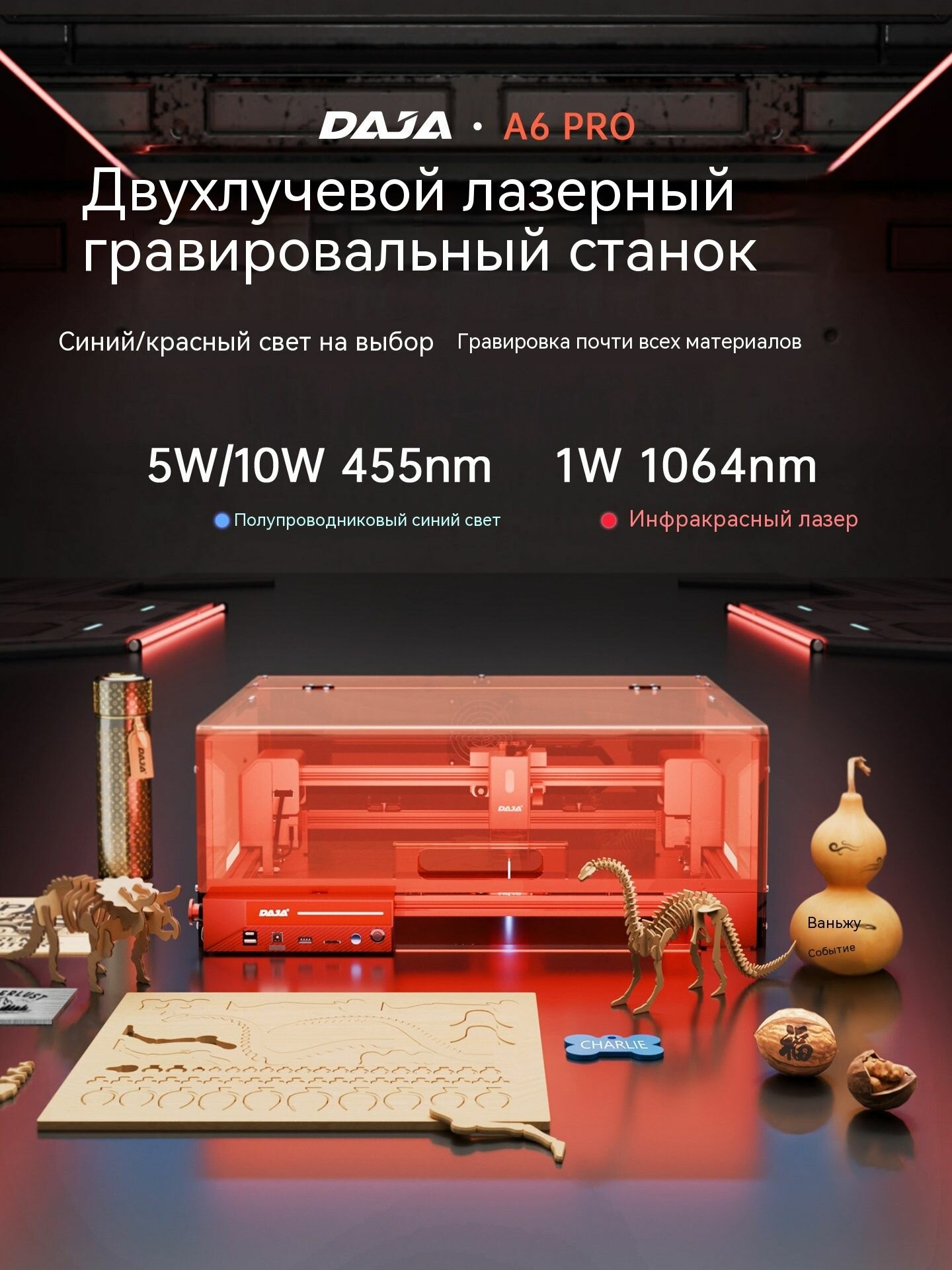 Лазерный гравер A6Pro с автоматической гравировкой для акрила и металла портативный