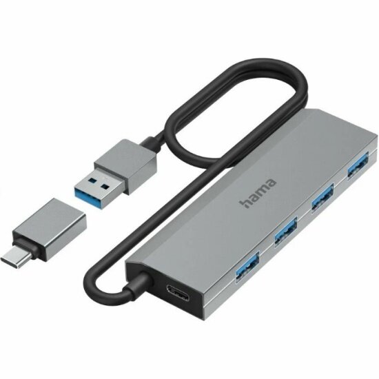 Разветвитель Hama USB H-200138, 4 порта, 4x USB-A - USB 3.2 Gen1, 5 Гбит/с, Серый