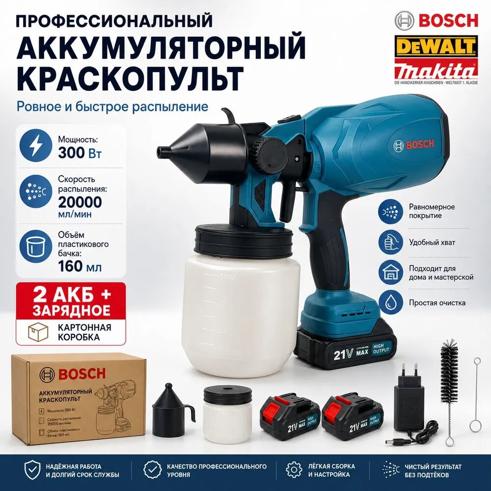 Аккумуляторный краскопульт BOSCH 21V, 300 Вт, 20000 мл/мин, бак 160 мл, 2 аккумулятора и зарядное устройство