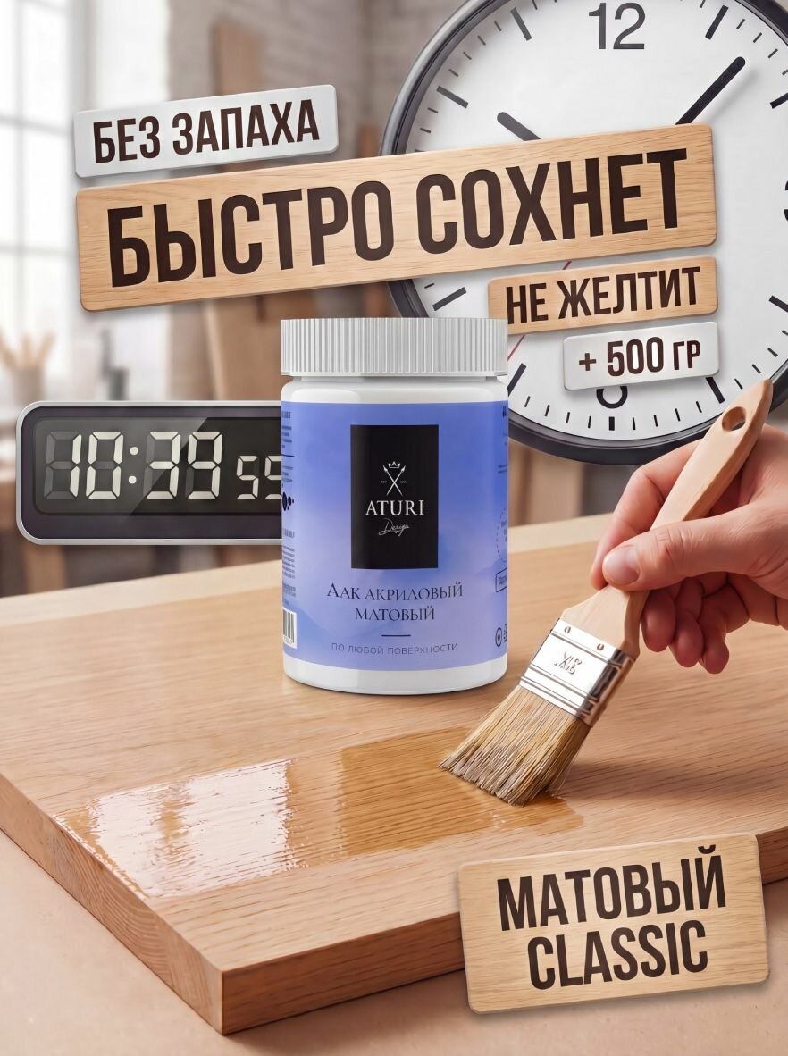 Лак для мебели матовый Aturi Classic 500г. для дерева бесцветный без запаха. Акриловый лак по дереву для творчества и декора гипса, камня, пластика. Защита красок на водной основе. универсальный для гипса камня пластика защита водных красок