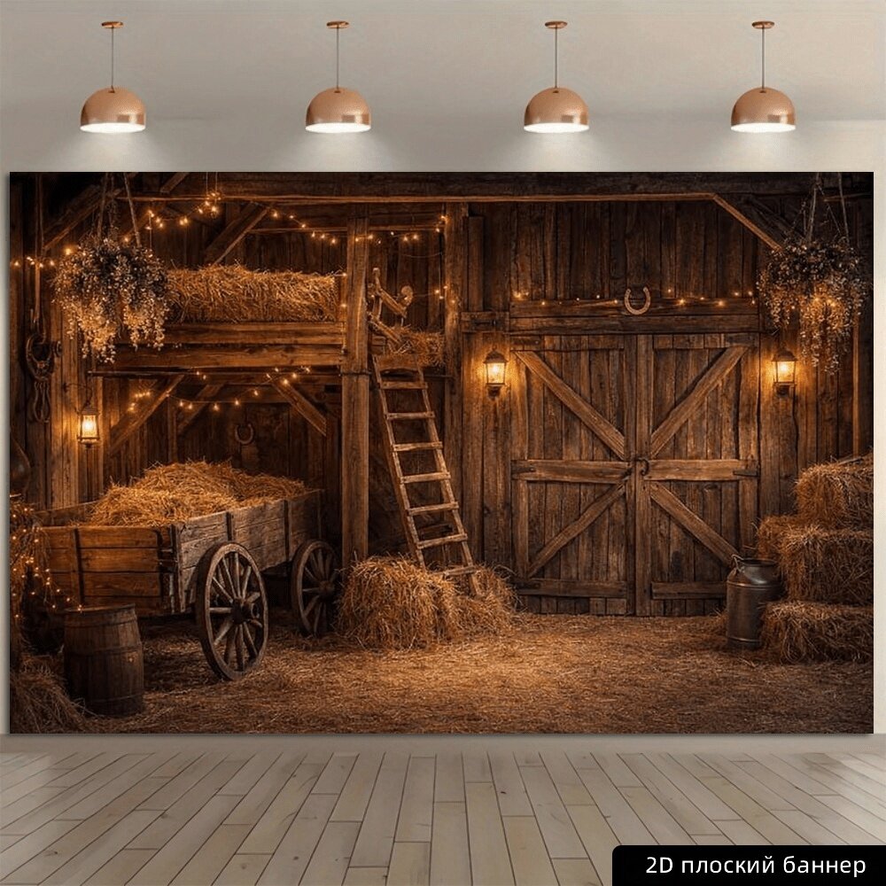 2D-фон для фотосъемки вестерн-ферма: винтажный деревянный амбар с тюками сена и старинной повозкой, ковбойский стиль для праздничного декора и фотостудии, 240x180 см