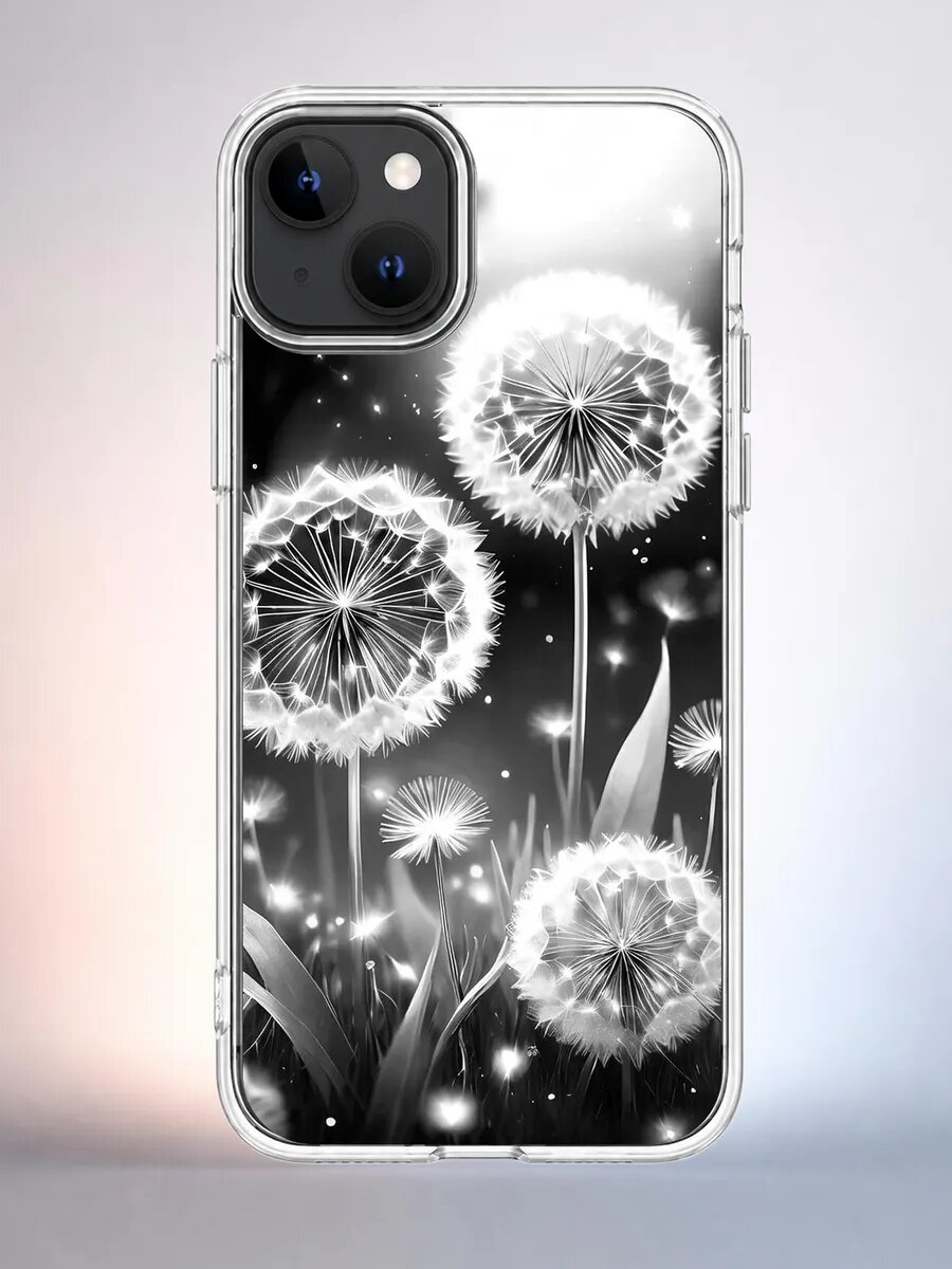 Чехол iPhone 13 одуванчики блеск силиконовый прозрачный
