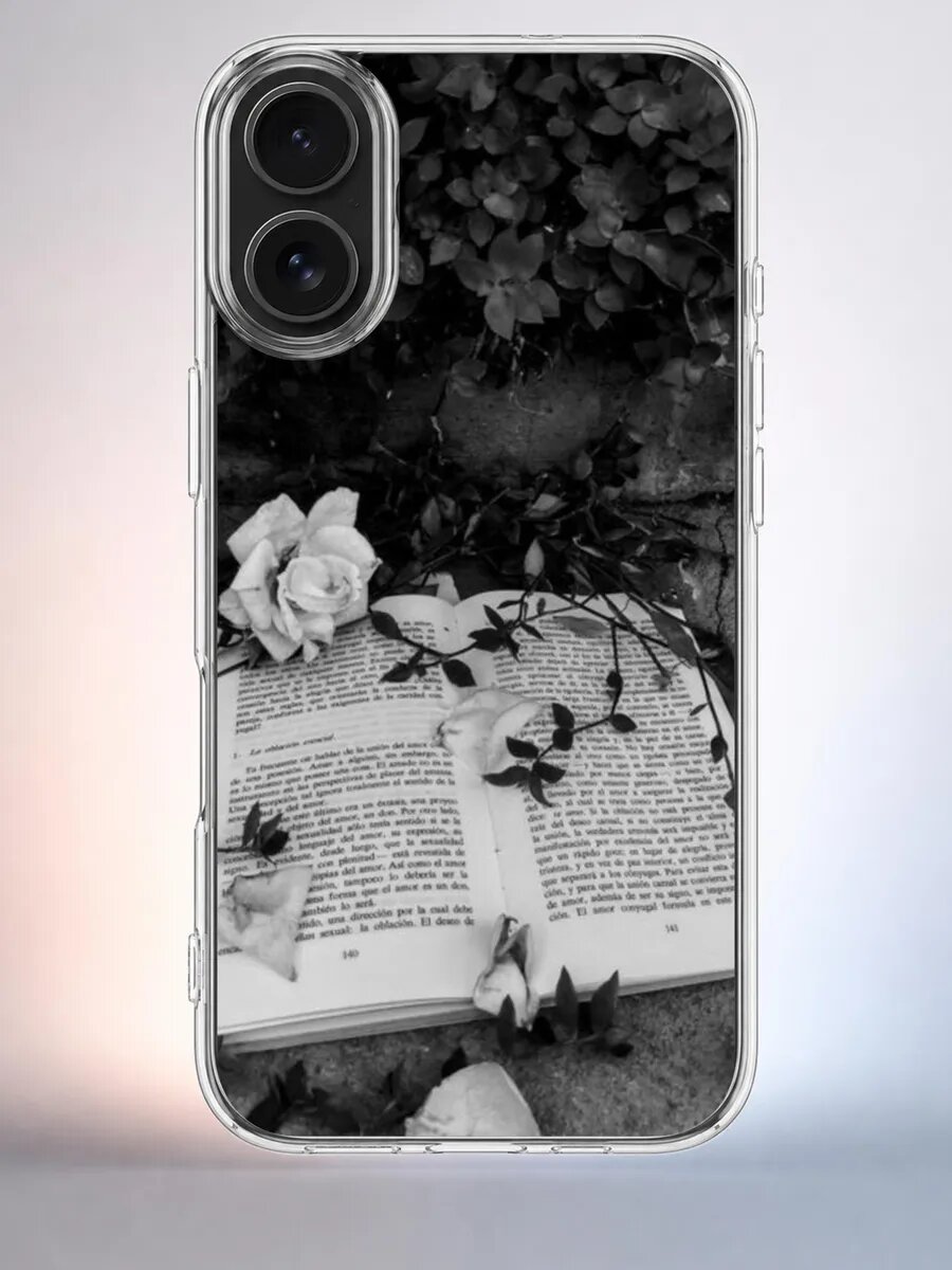 Чехол iPhone 16 Розы и книга силиконовый прозрачный