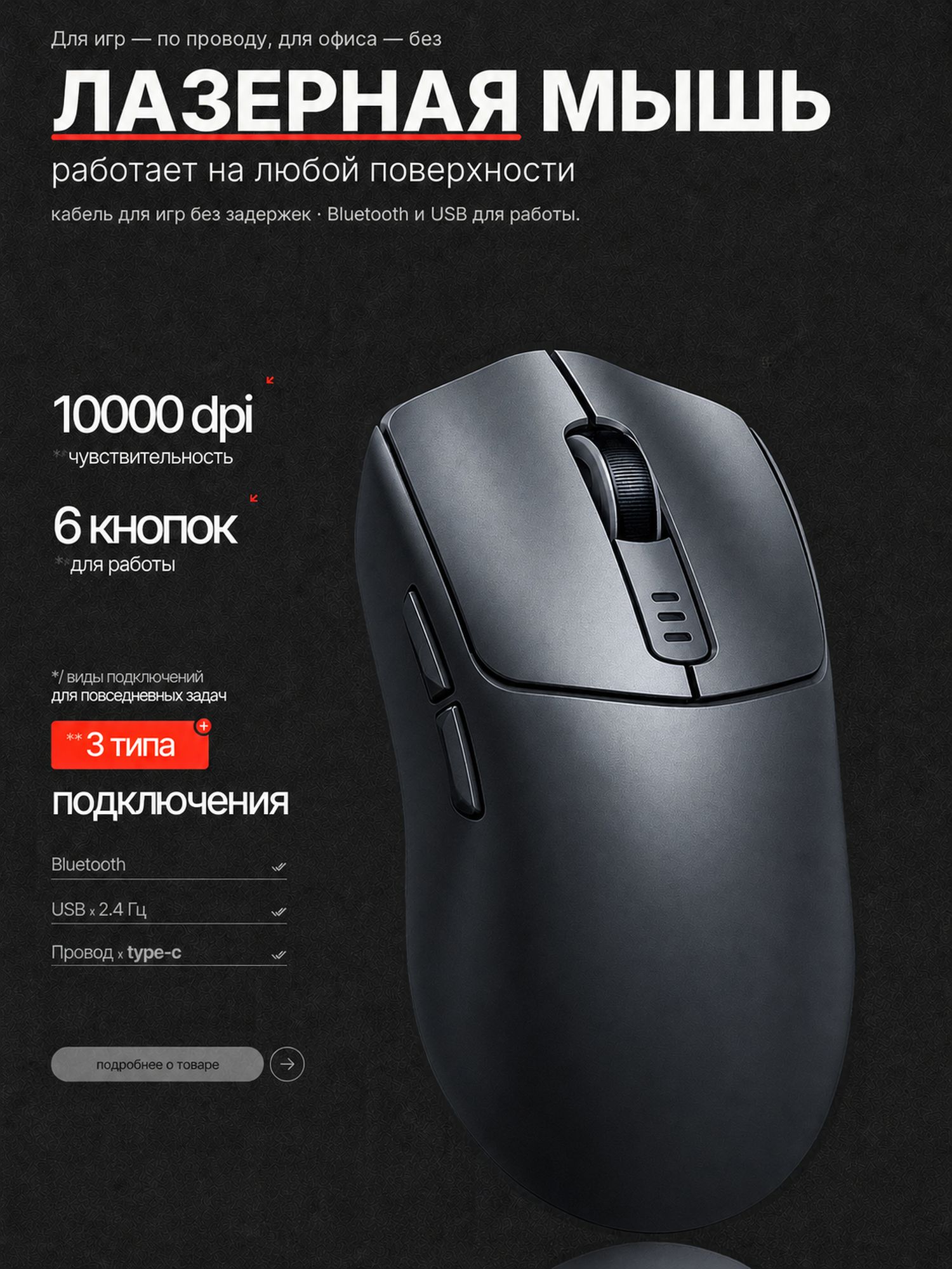 Мышь беспроводная компьютерная лазерная для ноутбука и ПК, Черная