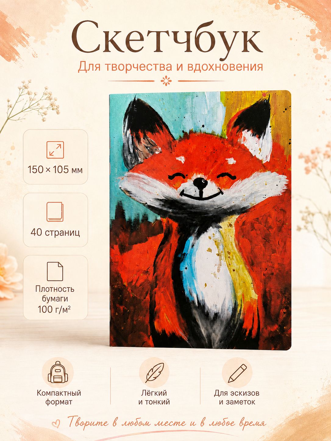 Скетчбук-блокнот А6. 40 страниц белые листы. Дизайн "Лисёнок"
