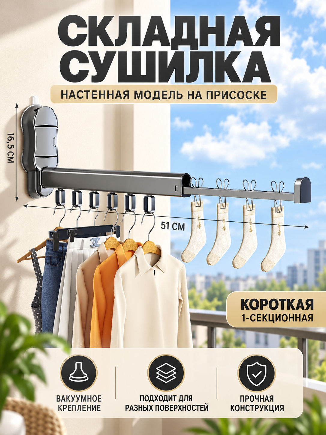 Складная сушилка настенная на присоске, компактная модель для сушки белья на балконе и в ванной комнате