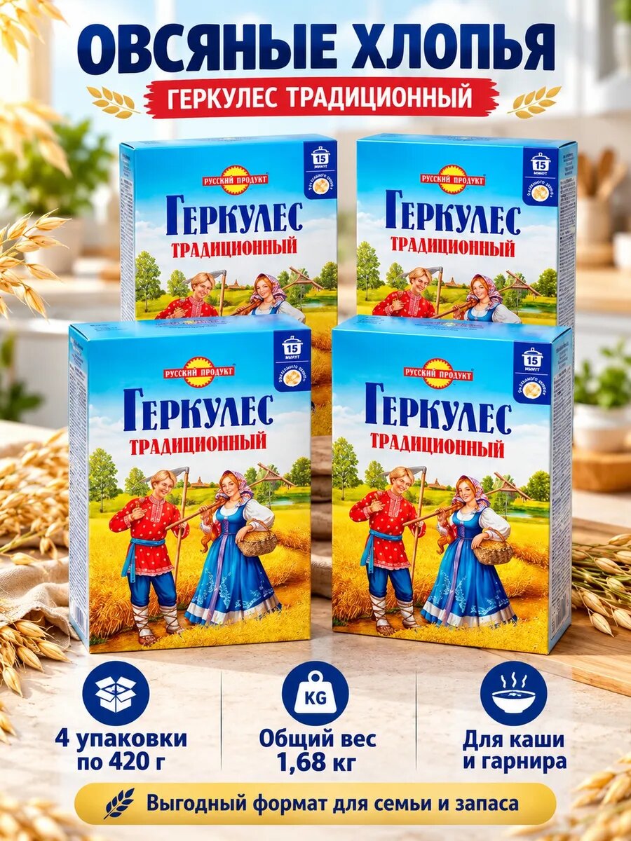 Геркулес Традиционный овсяные хлопья 4 упаковки 1.68 кг, для завтрака и выпечки