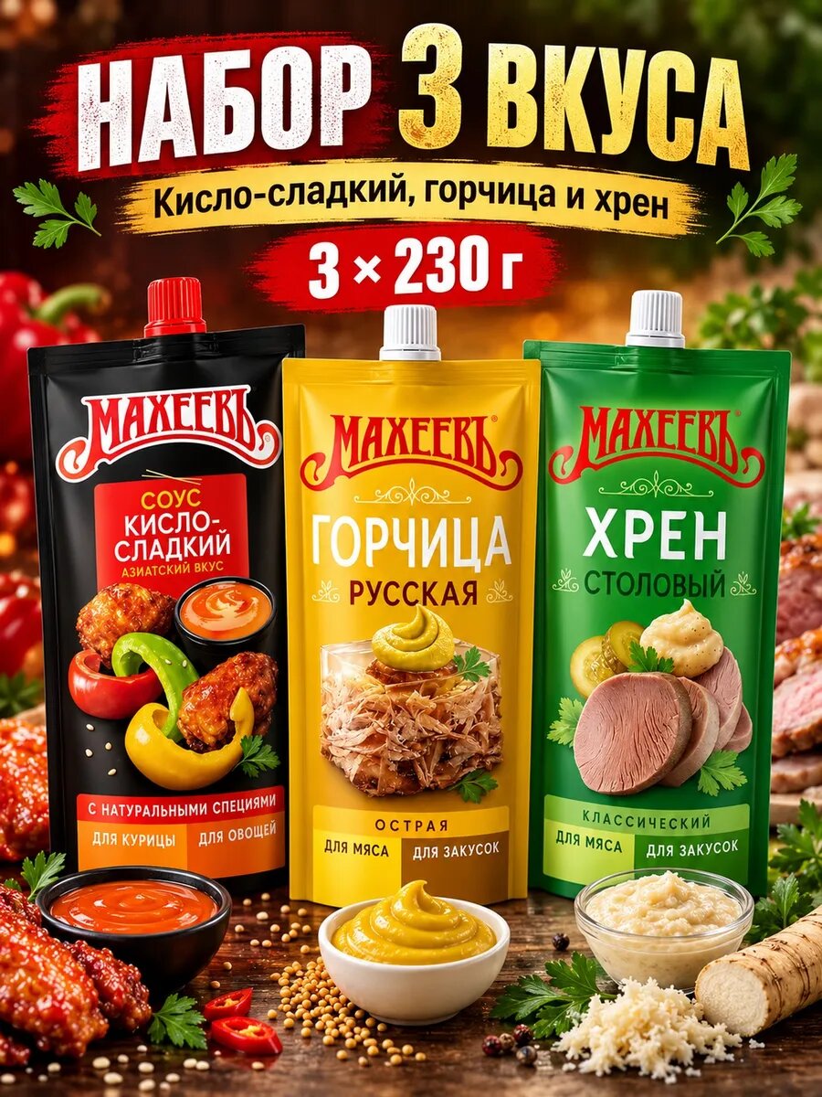 Набор соусов Махеевъ Кисло-сладкий, горчица и хрен, 3 вида: кисло-сладкий, горчица, хрен, соусы к мясу, шашлыку и салатам в одном заказе