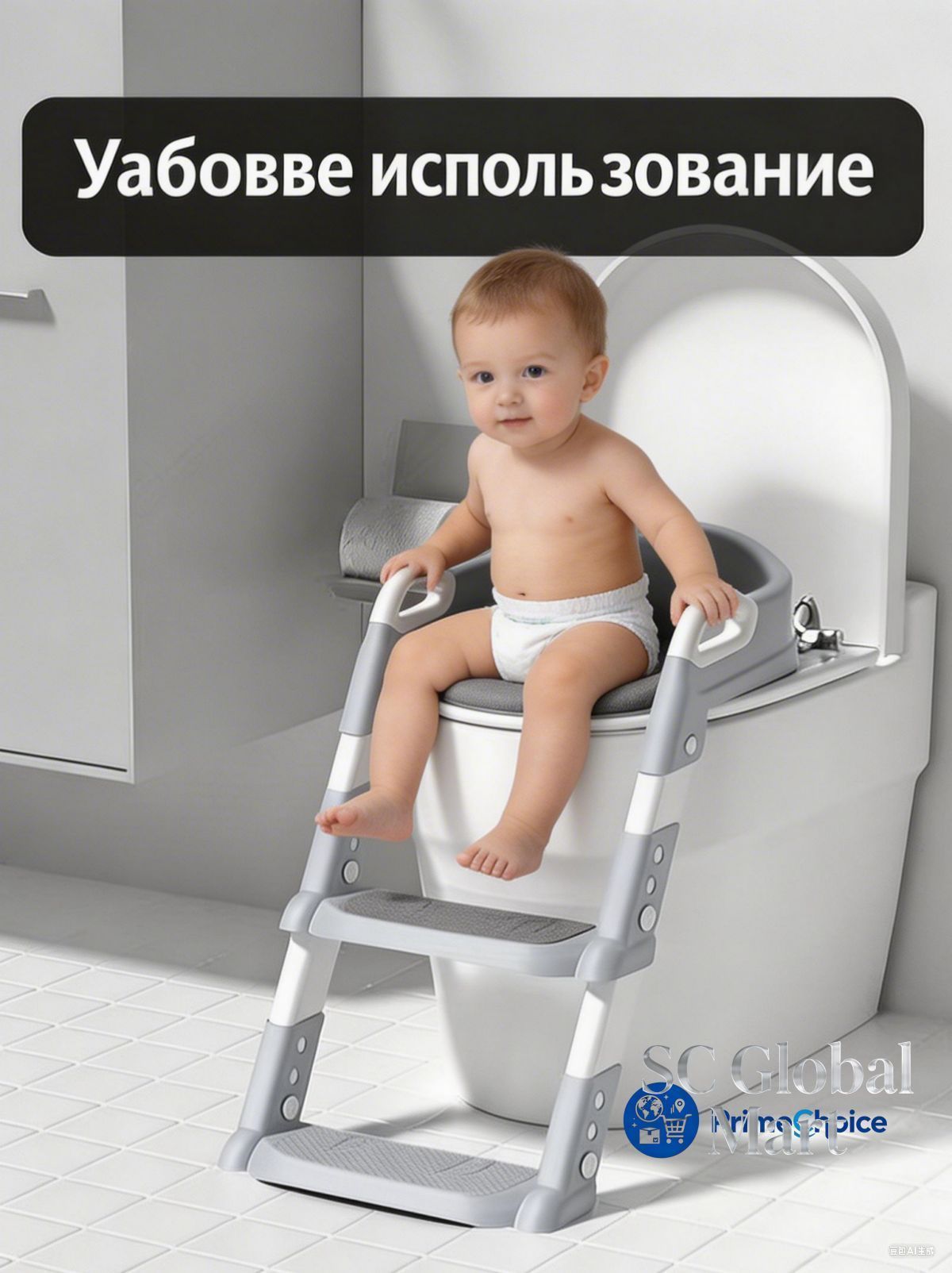 Серый туалетный ободоккольцо детскоесо ступенькой и лесенкой
