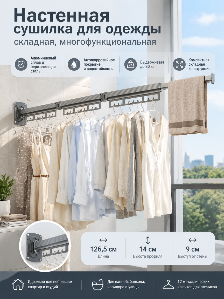 Складная настенная сушилка для белья 126 см, алюминий и нержавеющая сталь, выдерживает до 30 кг