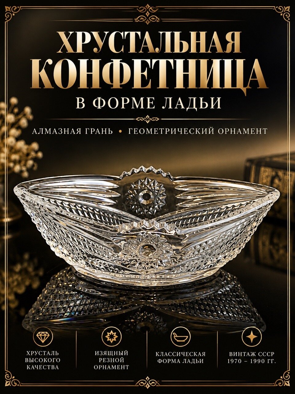 Элегантная хрустальная ваза для конфет в форме ладьи, геометрический резной орнамент, алмазная грань, винтаж СССР 1970-1990 гг