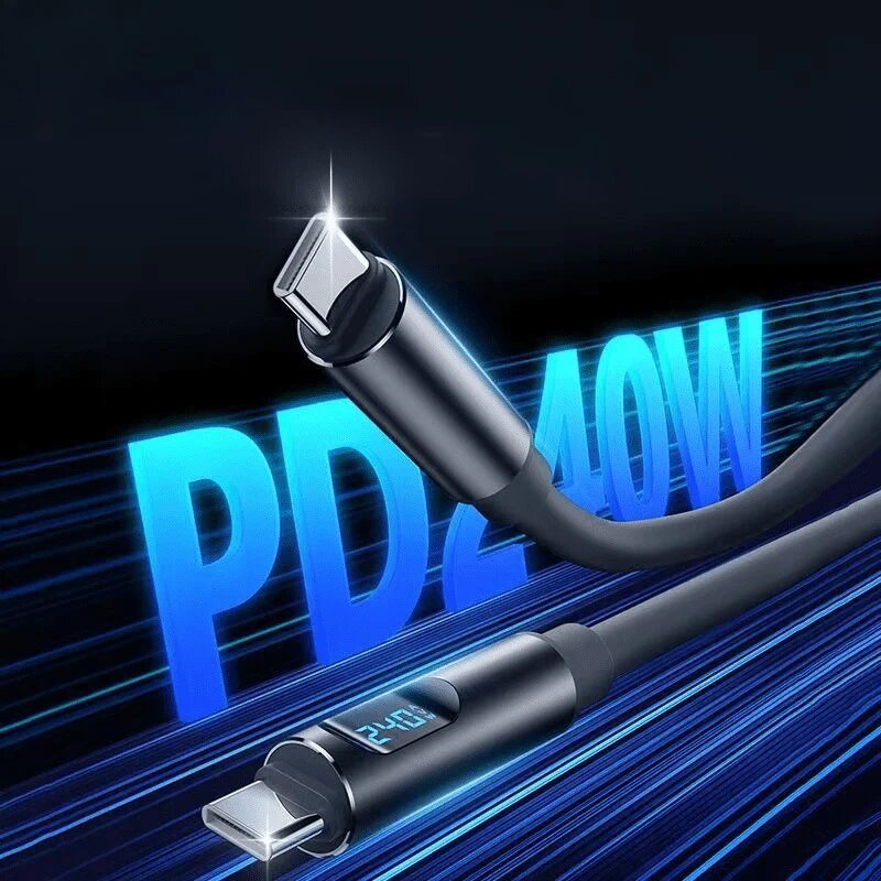 Кабель для передачи данных PD 240W Type-C на Type-C с цифровым дисплеем, отображающим уровень заряда, для телефонов, планшетов, ноутбуков с USB-C.