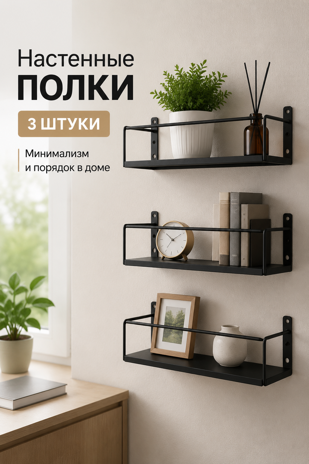 Настенные металлические полки 3 шт, прямые, черные матовые, 35×14×11 см