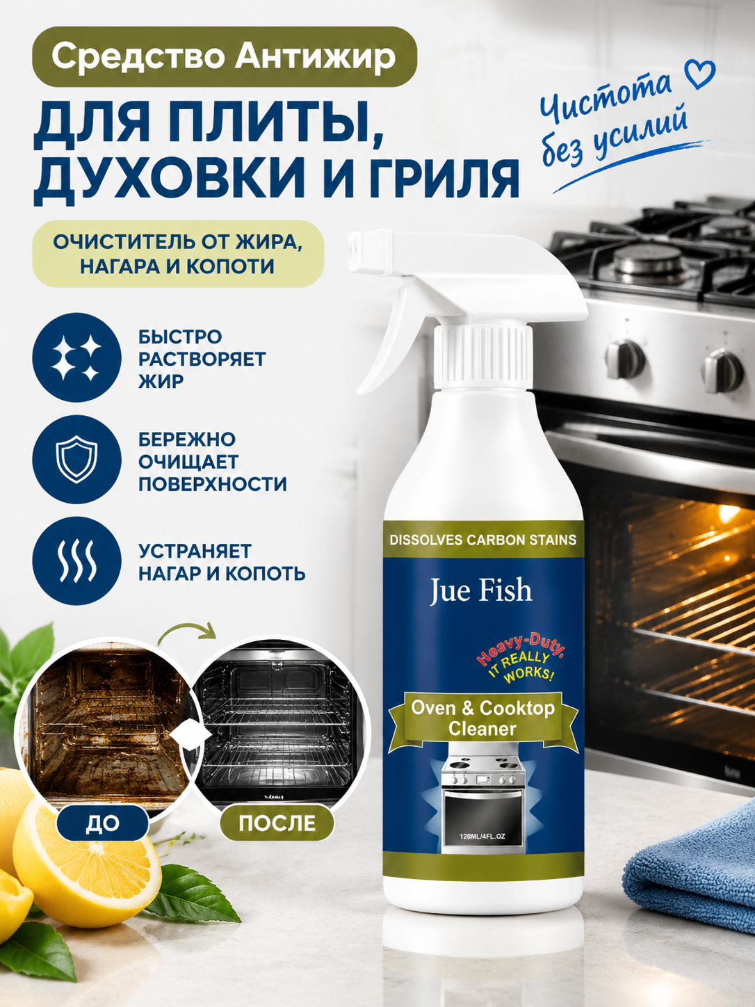 Средство Антижир для плиты, духовки и гриля, очиститель от жира, нагара и копоти