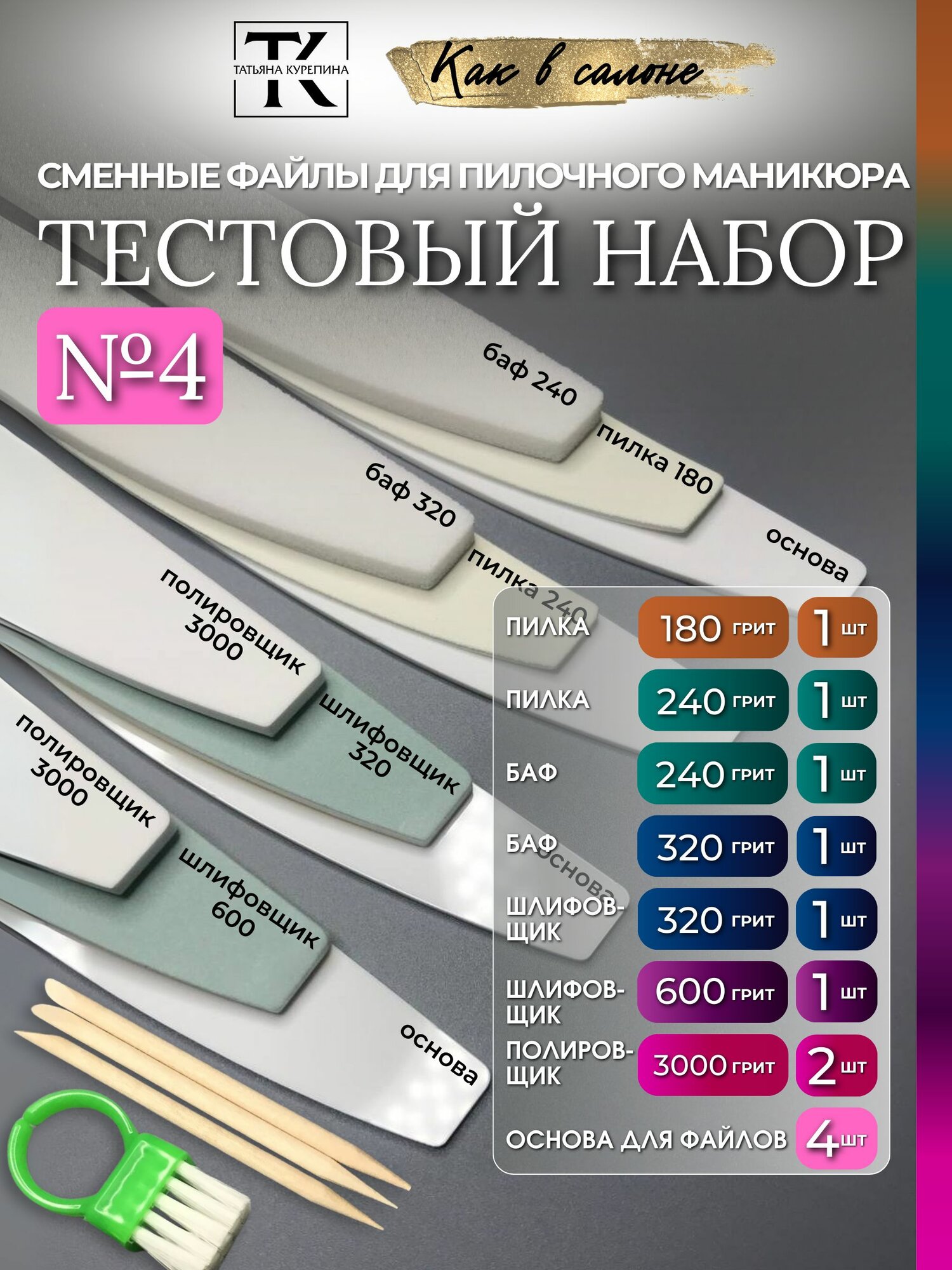 Тестовый набор N 4, одноразовые сменные файлы для пилочного маникюра, 8 шт 180/240/320/600/3000 грит + 4 основы, для нормальной и грубой кожи