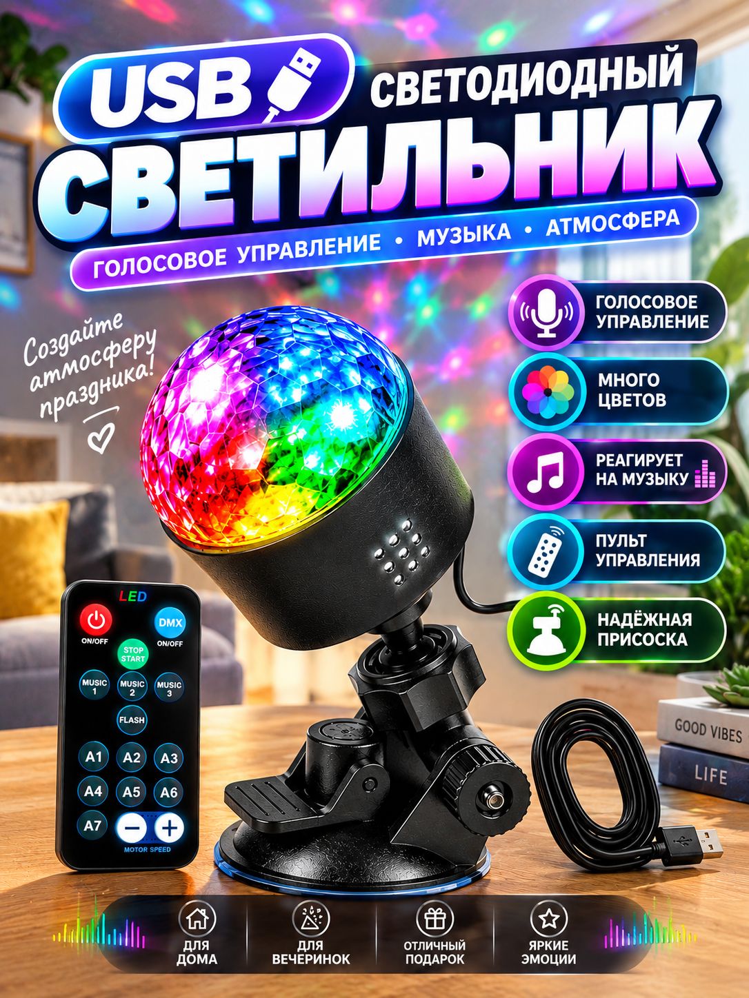Диско шар светодиодный / светомузыка для дома / проектор цветомузыка