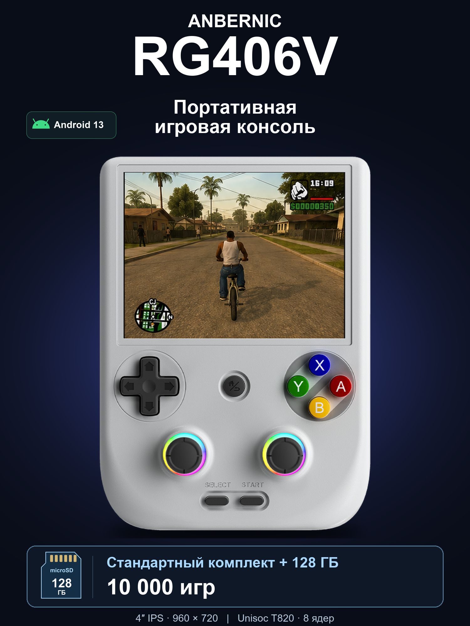 Портативная игровая консоль ANBERNIC RG406V, 8/128 ГБ +128 ГБ, IPS 4 , Unisoc T820, Android , Серый