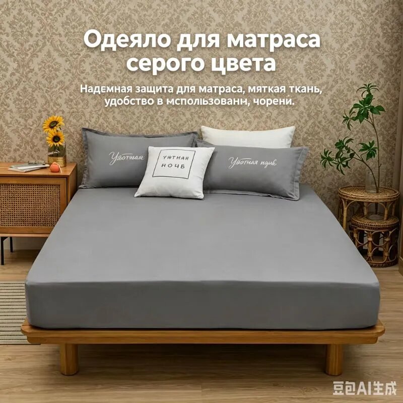 Простыня на резинке 180x200 см хлопок, серый однотонный