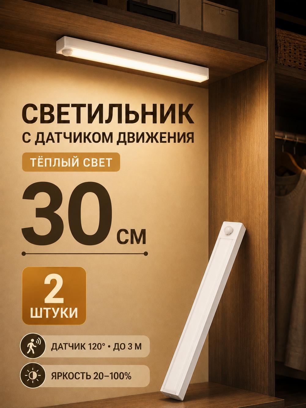 Настенный светильник беспроводной с датчиком движения, 30 см, 2 шт