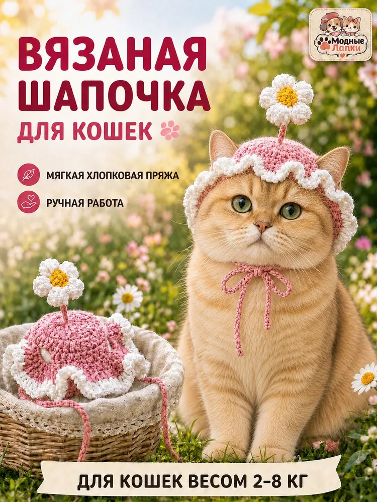 Вязаная шапочка для кошек и собак мелких пород с цветком, до 30 см
