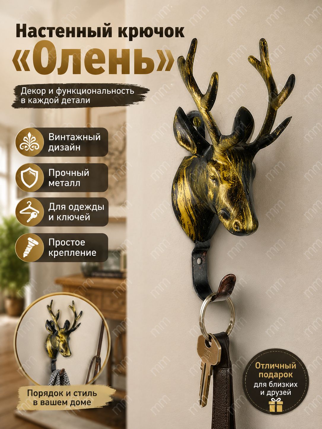 Крючки для одежды, форма головы оленя, украшение