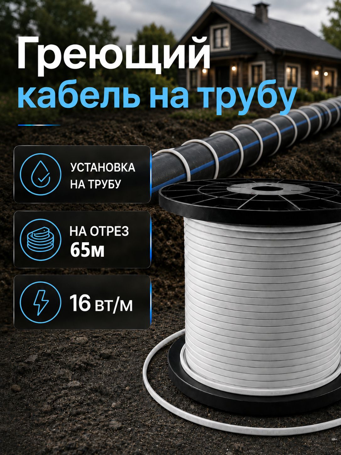 Греющий кабель на трубу саморегулирующийся 65м - 16 вт/м (SRL-16)