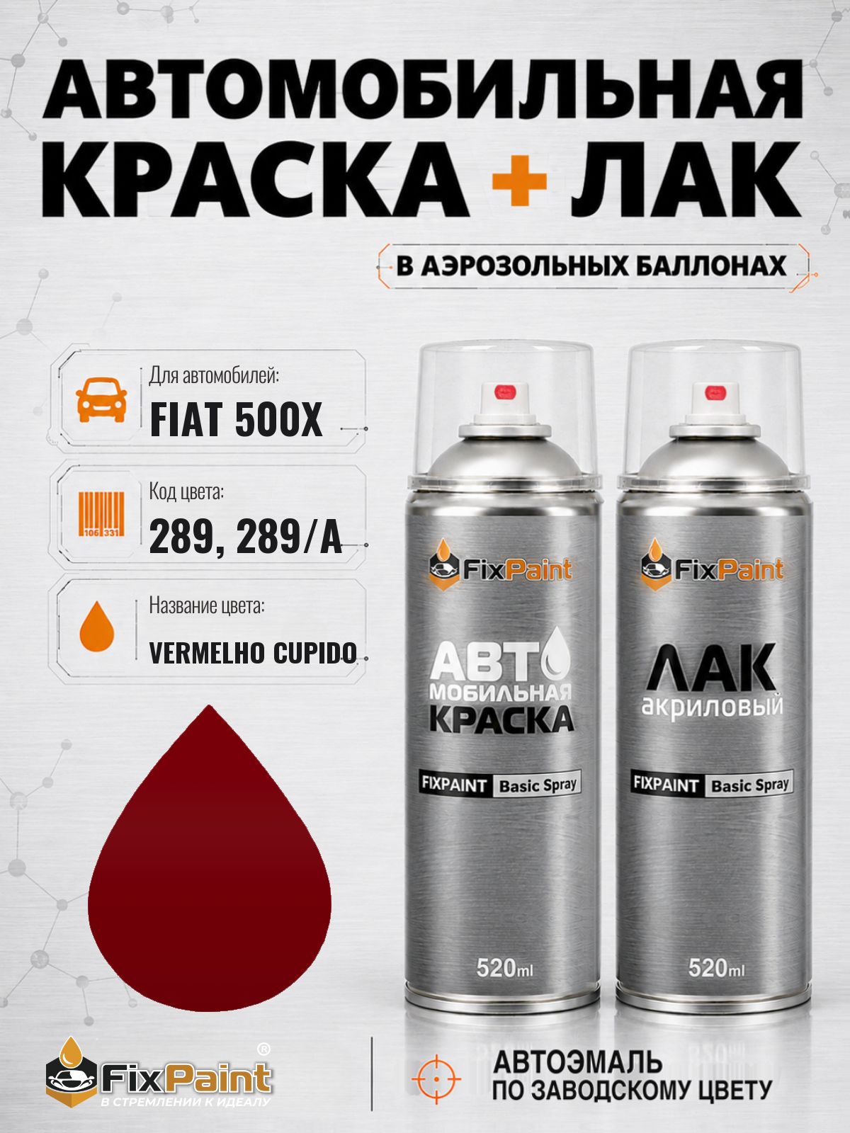 Краска и лак для FIAT 500X, код 289, 289/A, ROSSO SUPERBO, автомобильная эмаль базовая и акриловый глянцевый лак FixPaint в аэрозольных баллонах 520 мл