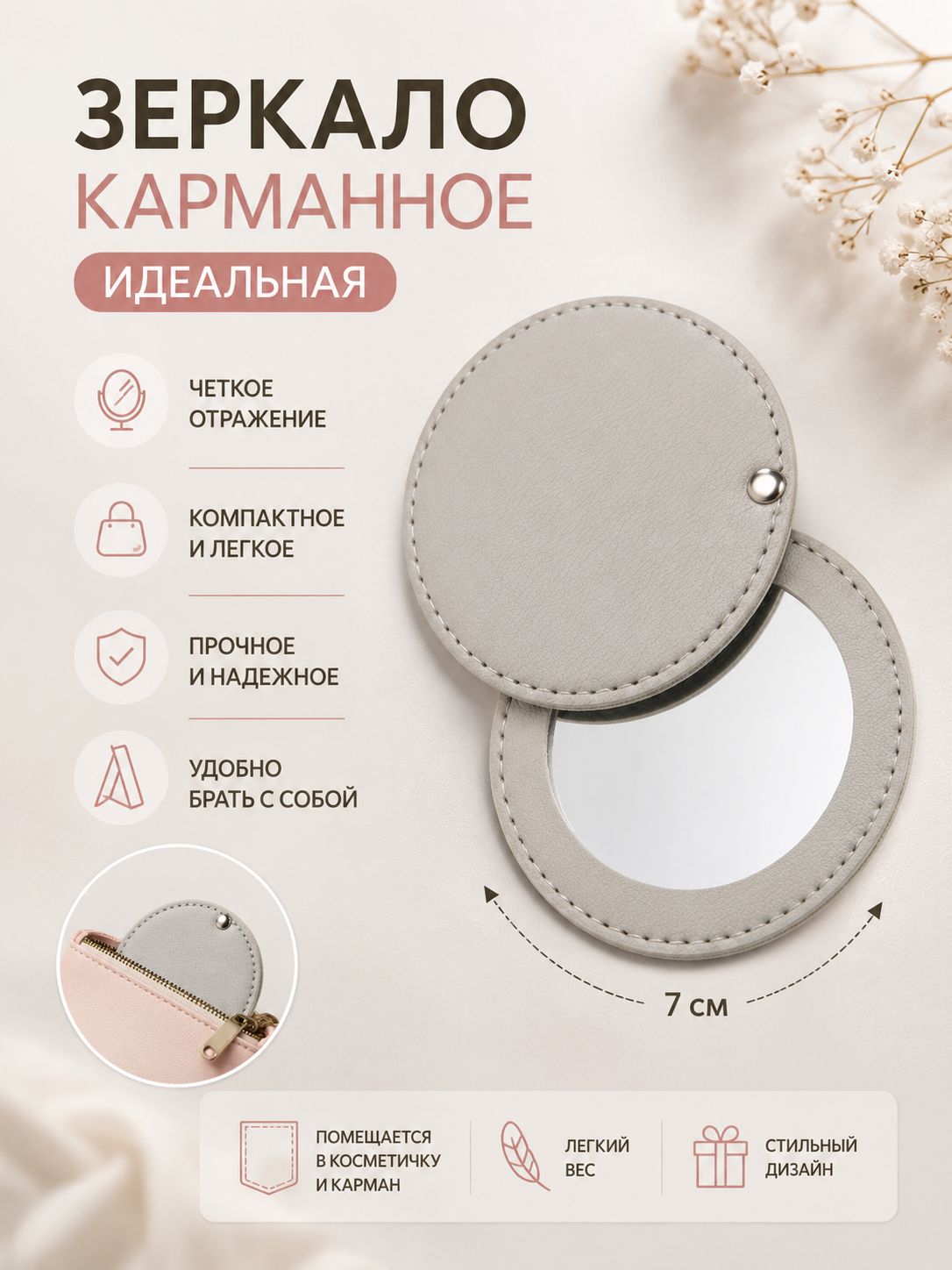 Зеркало карманное, Идеальная, 7 см