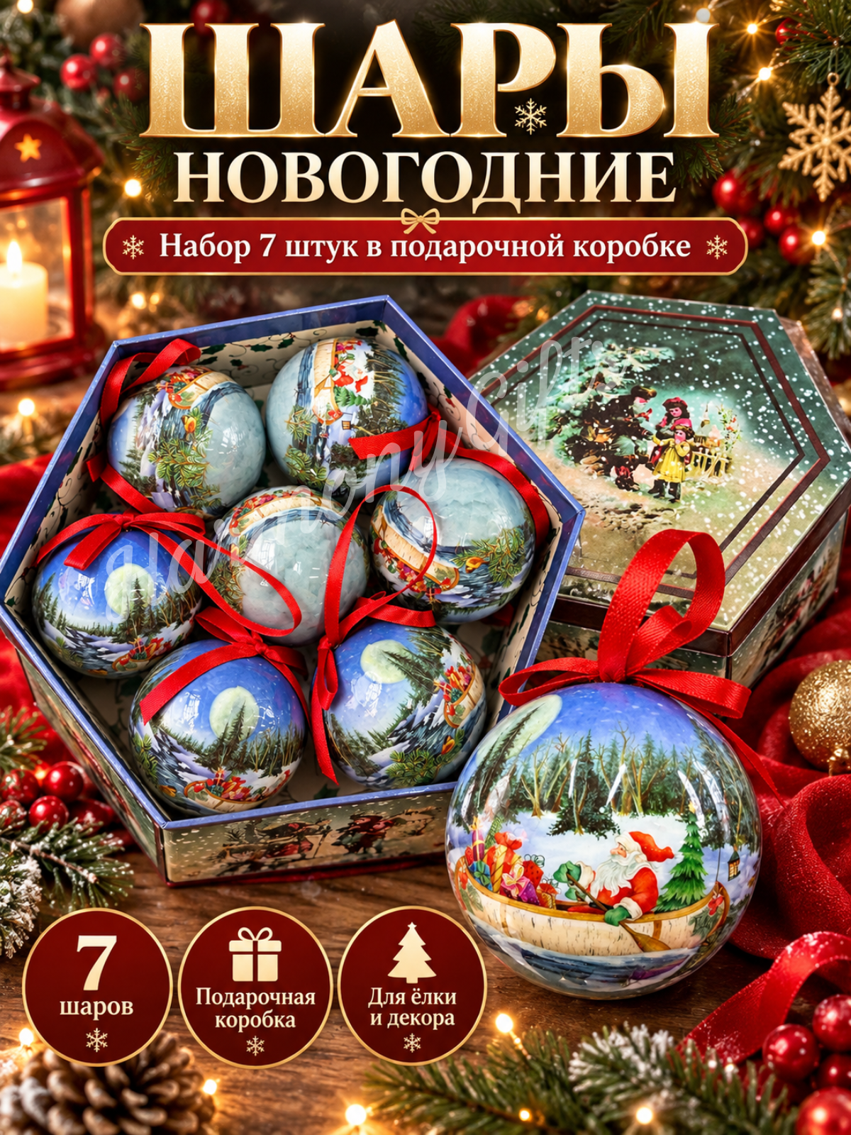 Новогодние украшения шары елку, набор новогодних елочных шаров 8 см пластиковых, 7 шт в подарочной коробке