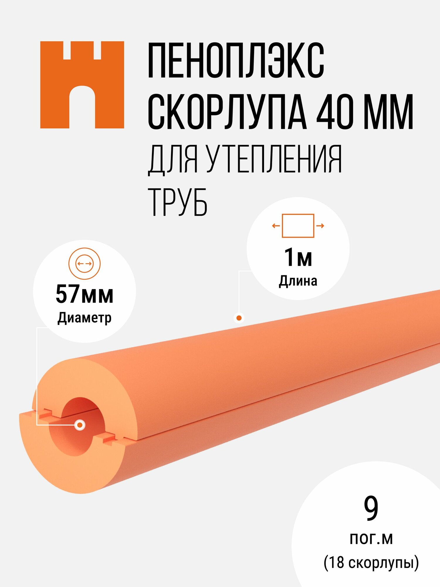 Утеплитель для труб пеноплэкс диаметром 57мм , скорлупа XPS 40мм, 9 пог. м, 18 скорлуп