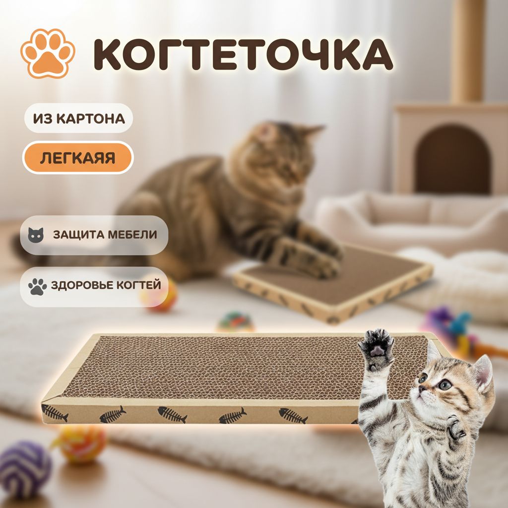 Когтеточка из гофрированного картона, 43x21 см, для кошек, защита мебели, легкая, льняной цвет