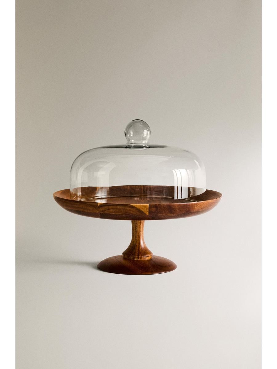 ZARA HOME Тортница "8251/221", Тортница из стекла и акации, коричневый, для подачи десертов и выпечки