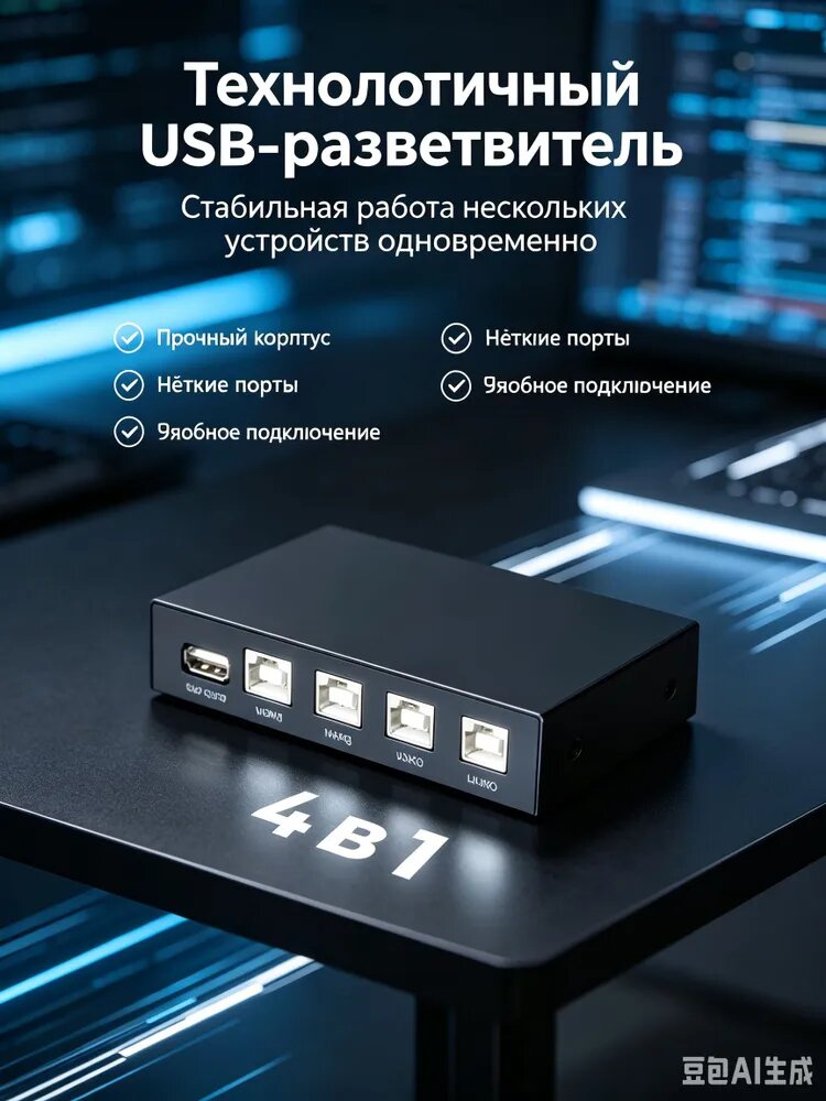 KVM switch USB, 4-порта. Переключатель свитчер USB 4-1 с кабелем USB type-B