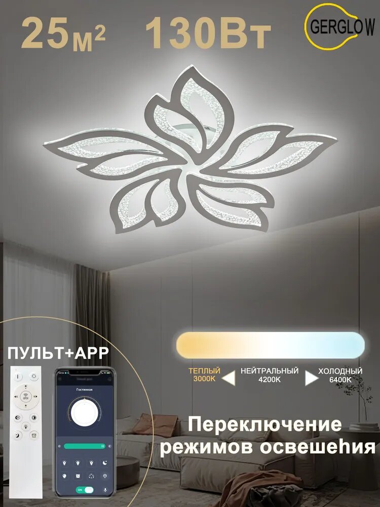 GERGLOW Потолочный светильник светодиодный, 130 Вт, с пультом и управлением через, регулировка температуры света