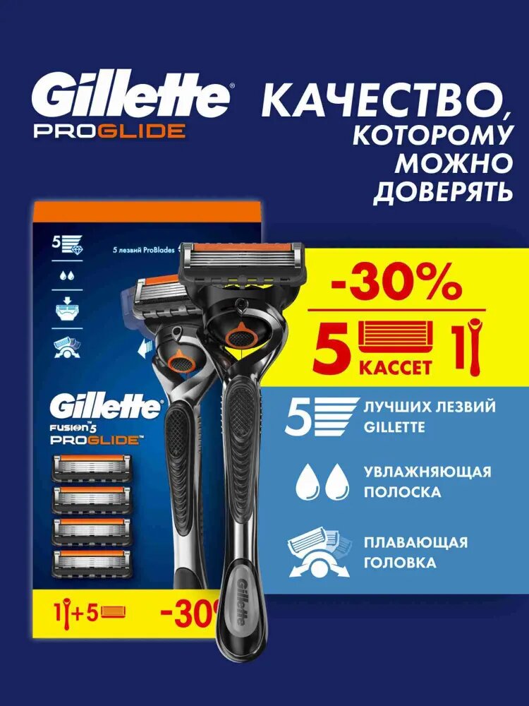 Бритва Gillette Fusion5 ProGlide мужская многоразовая, станок для бритья с 5 сменными кассетами, с 5 лезвиями,