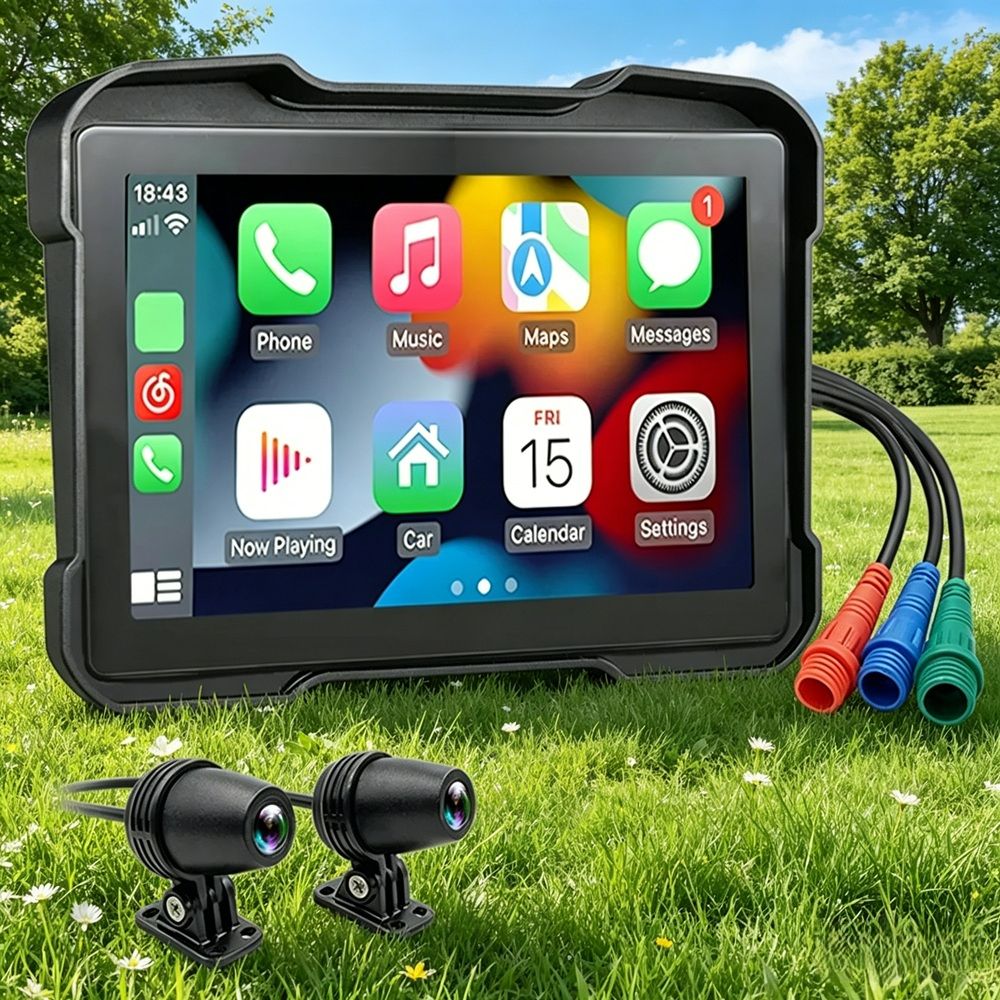 5" Мотоциклетный экран CarPlay, беспроводной Android Auto, двойная камера DVR, IP67, навигатор для мото