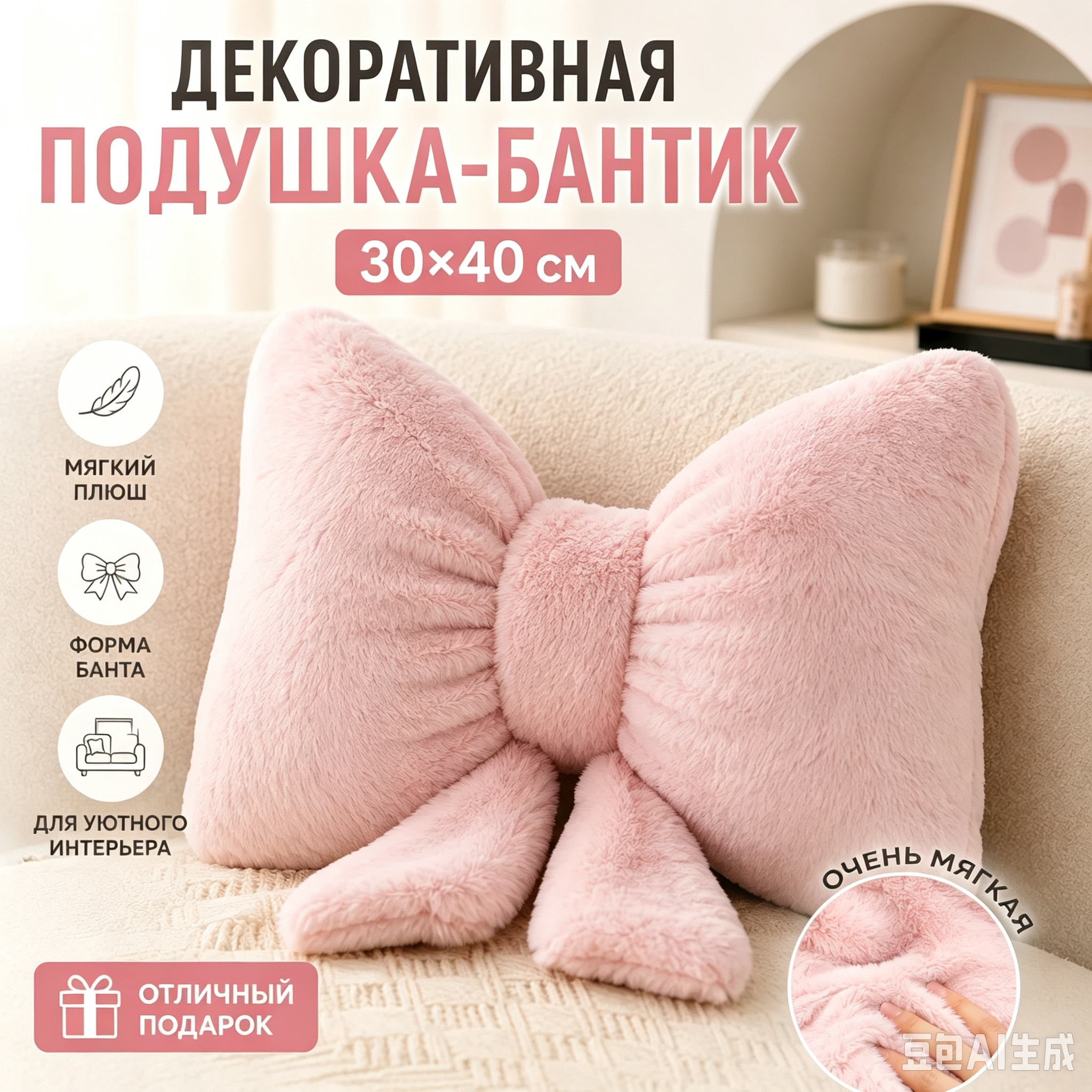 Плюшевая декоративная подушка бантик, подушка для дивана и интерьера, 30×40 см