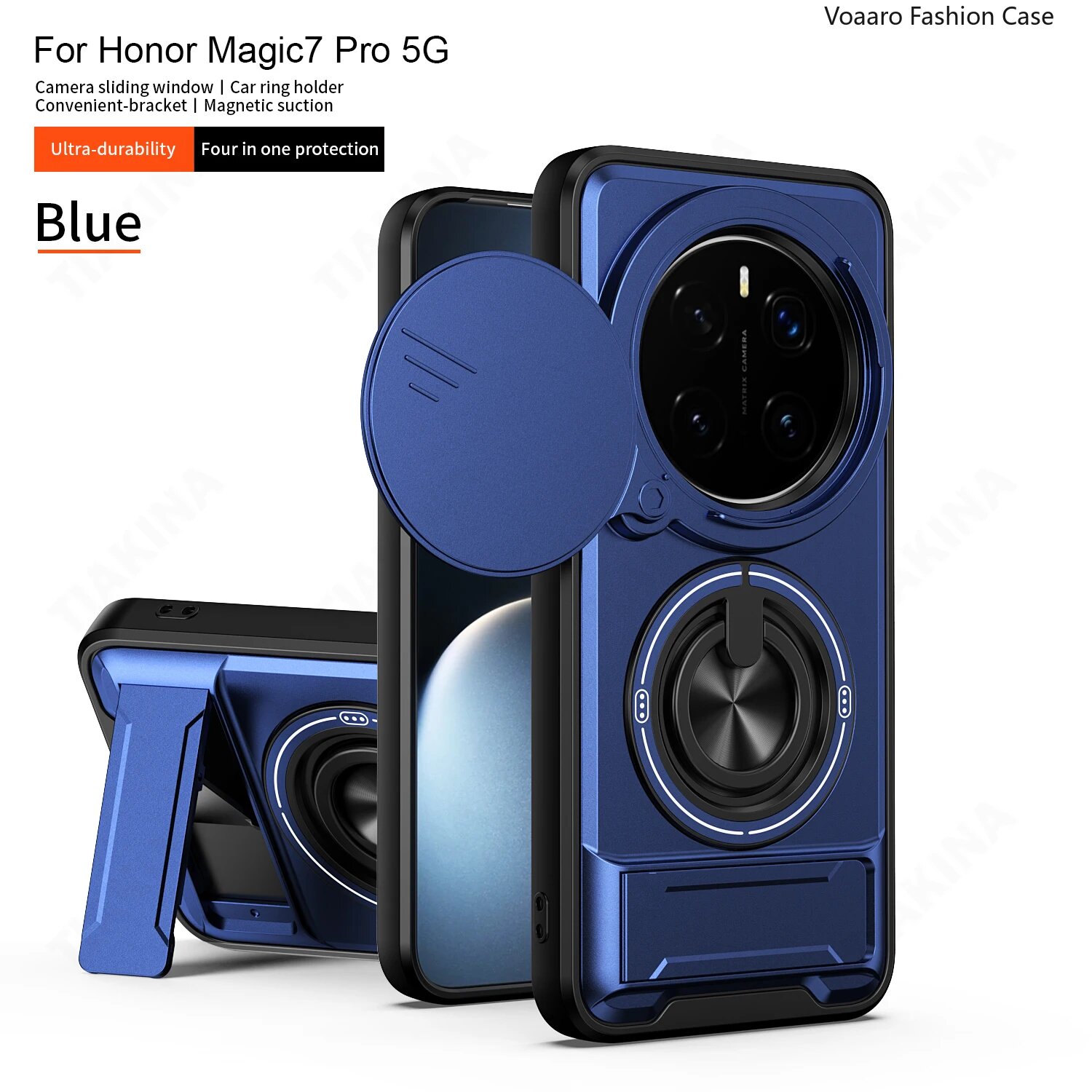 Синий чехол для Honor Magic7 Pro с кольцом и слайдером