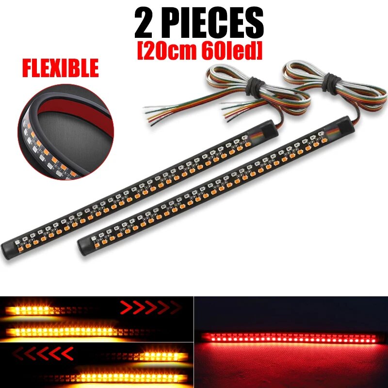 Гибкая светодиодная лента для мотоцикла 20 см (60 LED) / 30 см (90 LED) с эффектом бегущей воды, указатель поворота, сигнальная лампа, задний фонарь, стоп-сигнал