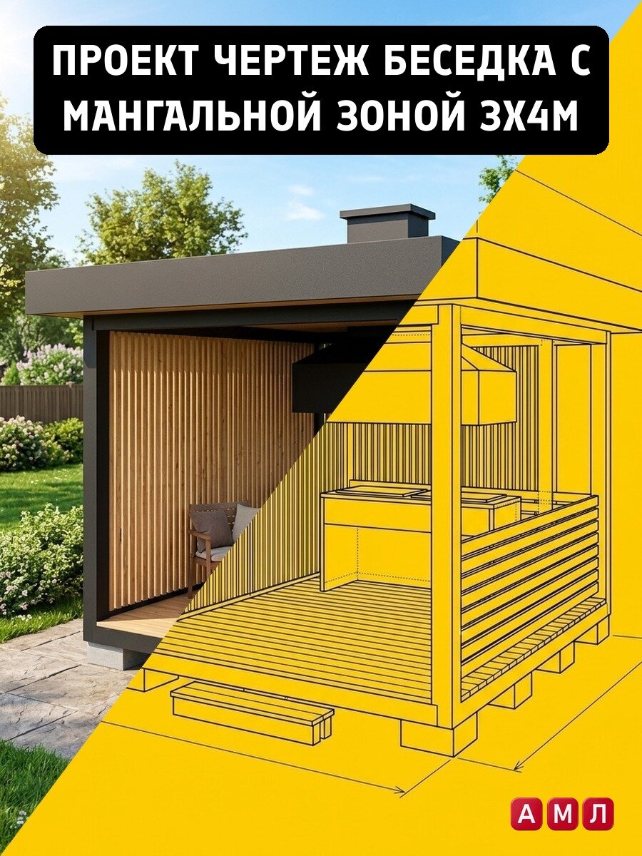 Проект чертеж Беседка с мангальной зоной 3x4м - скачать и распечатать чертежи, пошаговая и поэтапная схема сборки 3D