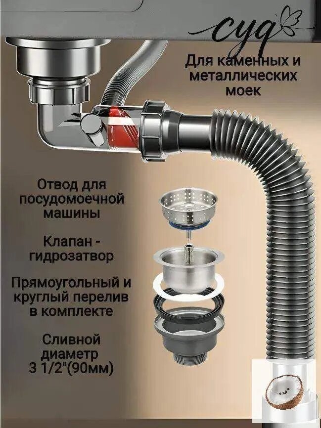 Левая и правая универсальные канализационные трубы/Сифон для раковины кухни с переливом для кухонной мойки 90 мм из нержавеющей стали и переходником с обратным клапаном